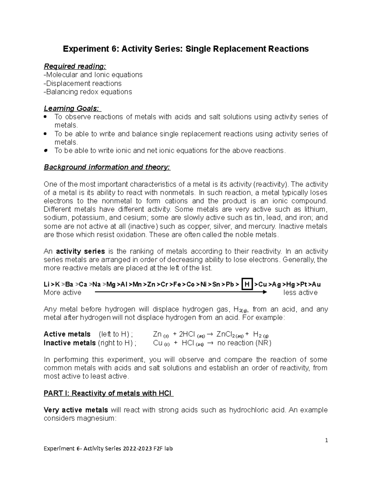 Experiment 6: Activity Series - Single Replacement Reactions 2023 F2F ...