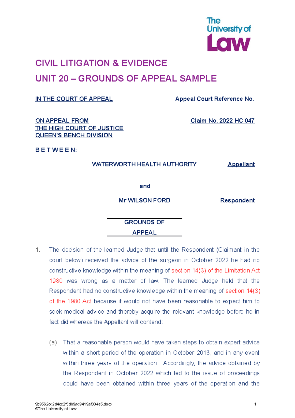 CIVIL LITIGATION & EVIDENCE (CL210) Unit 20 - Sample Grounds of Appeal ...
