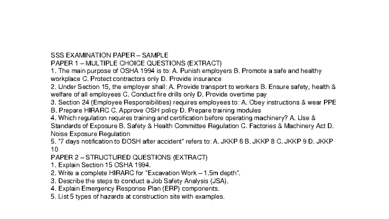 SSS Exam Sample - OSHA 1994 MCQ & Structured Questions - Studocu