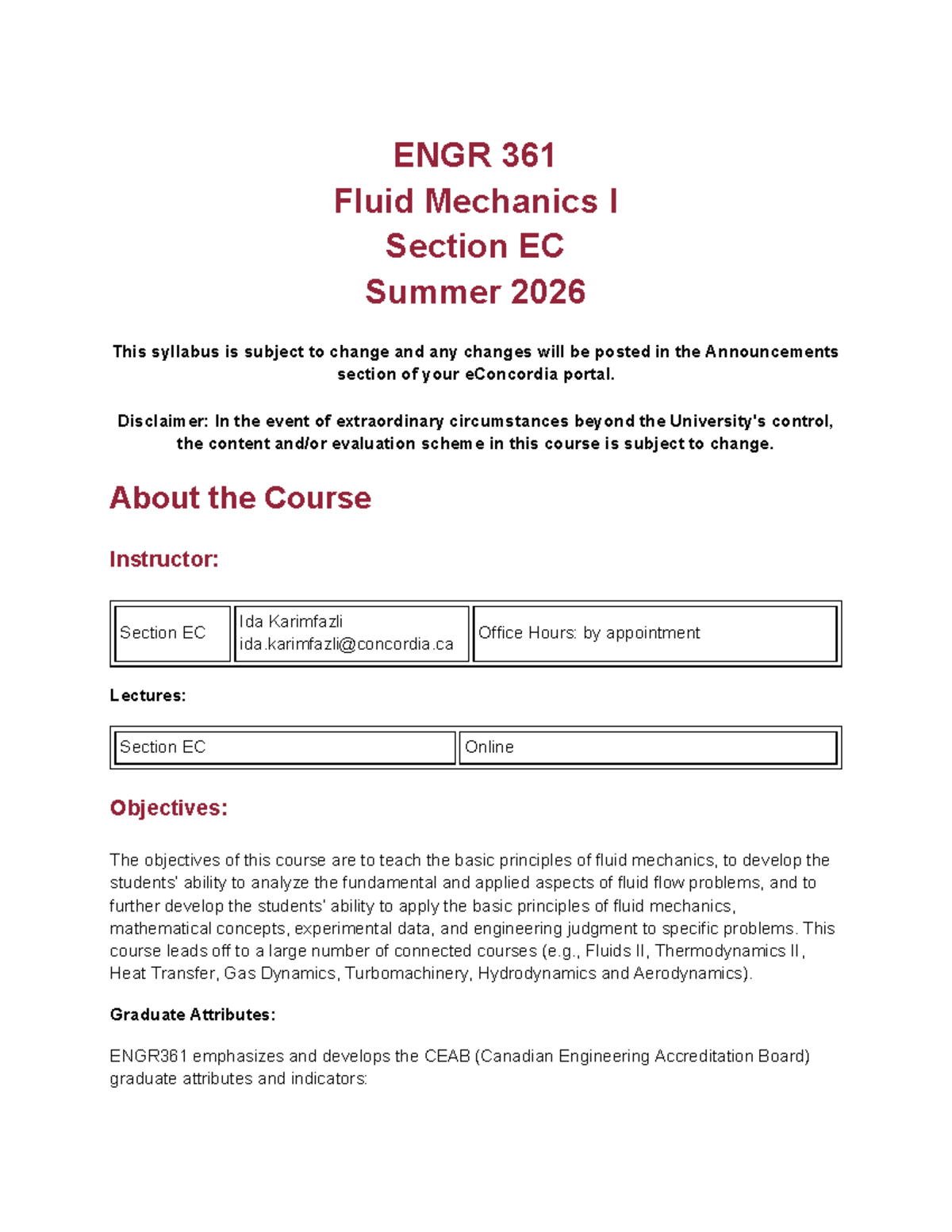 ENGR 361 Fluid Mechanics I - Course Outline Summer 2026 - Studocu
