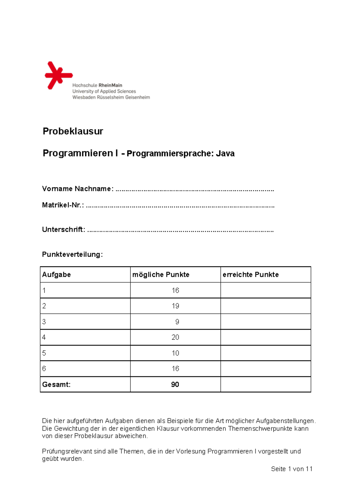 Probeklausur Programmieren I - Java Grundlagen und Aufgaben - Studocu