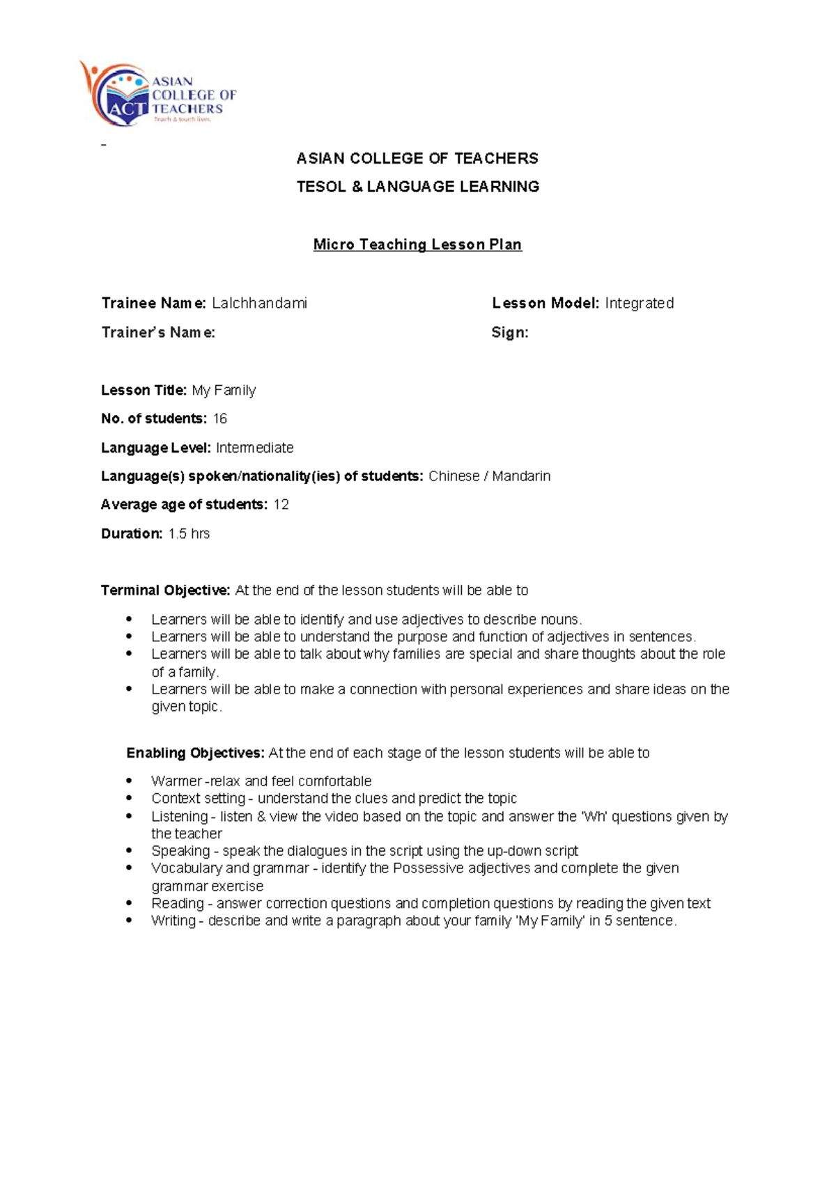 Micro Teaching Lesson Plan: My Family (Intermediate - TESOL) - Studocu