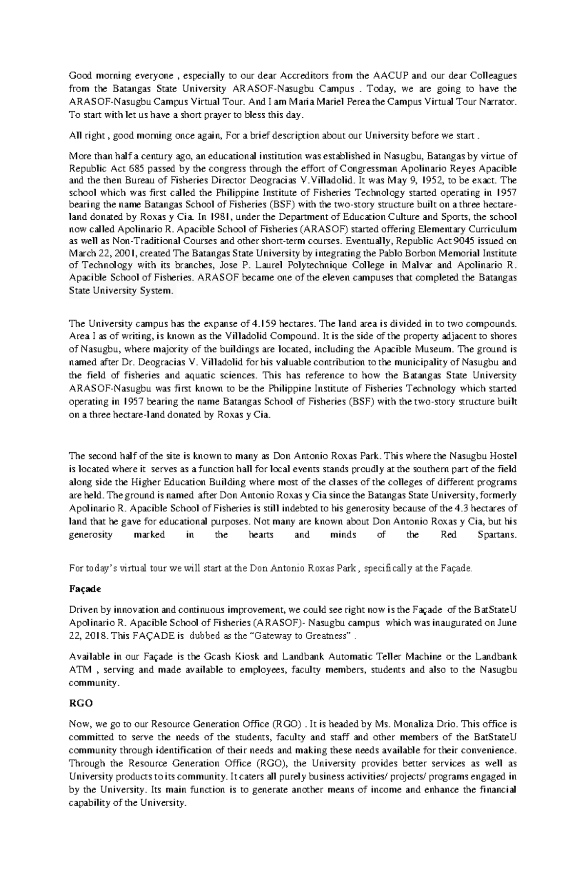 Accreditation Virtual Tour Script for Batangas State University Campus ...