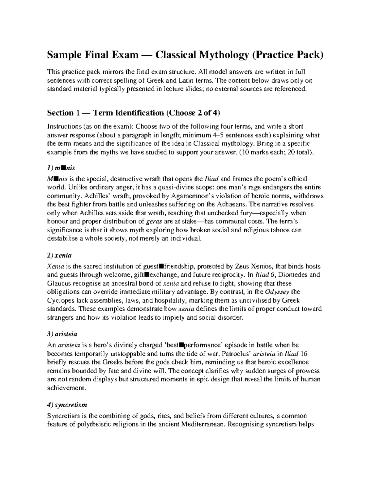 Sample Final Exam: Classical Mythology Practice Pack - Studocu