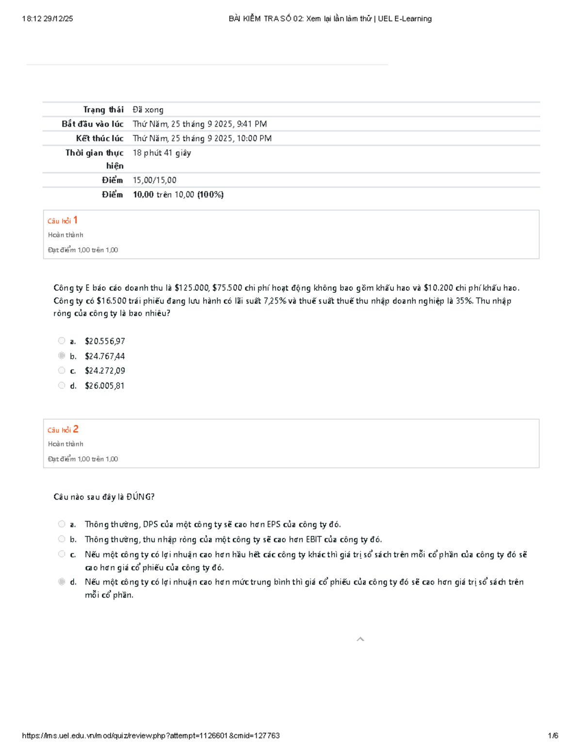 BÀI KIỂM TRA SỐ 02: Xem lại lần làm thử UEL E-Learning - Studocu