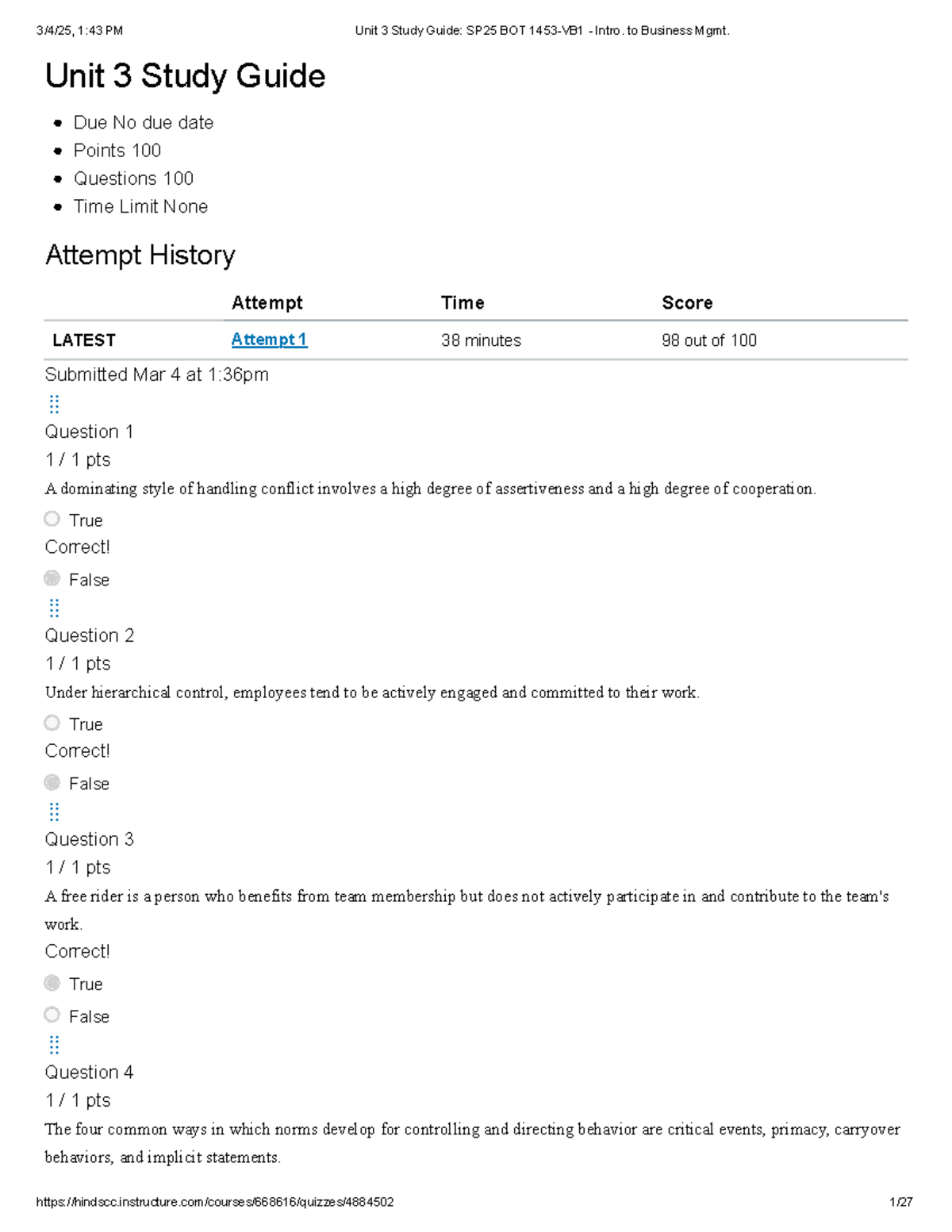 Unit 3 Study Guide: SP25 BOT 1453-VB1 - Intro. to Business Management ...