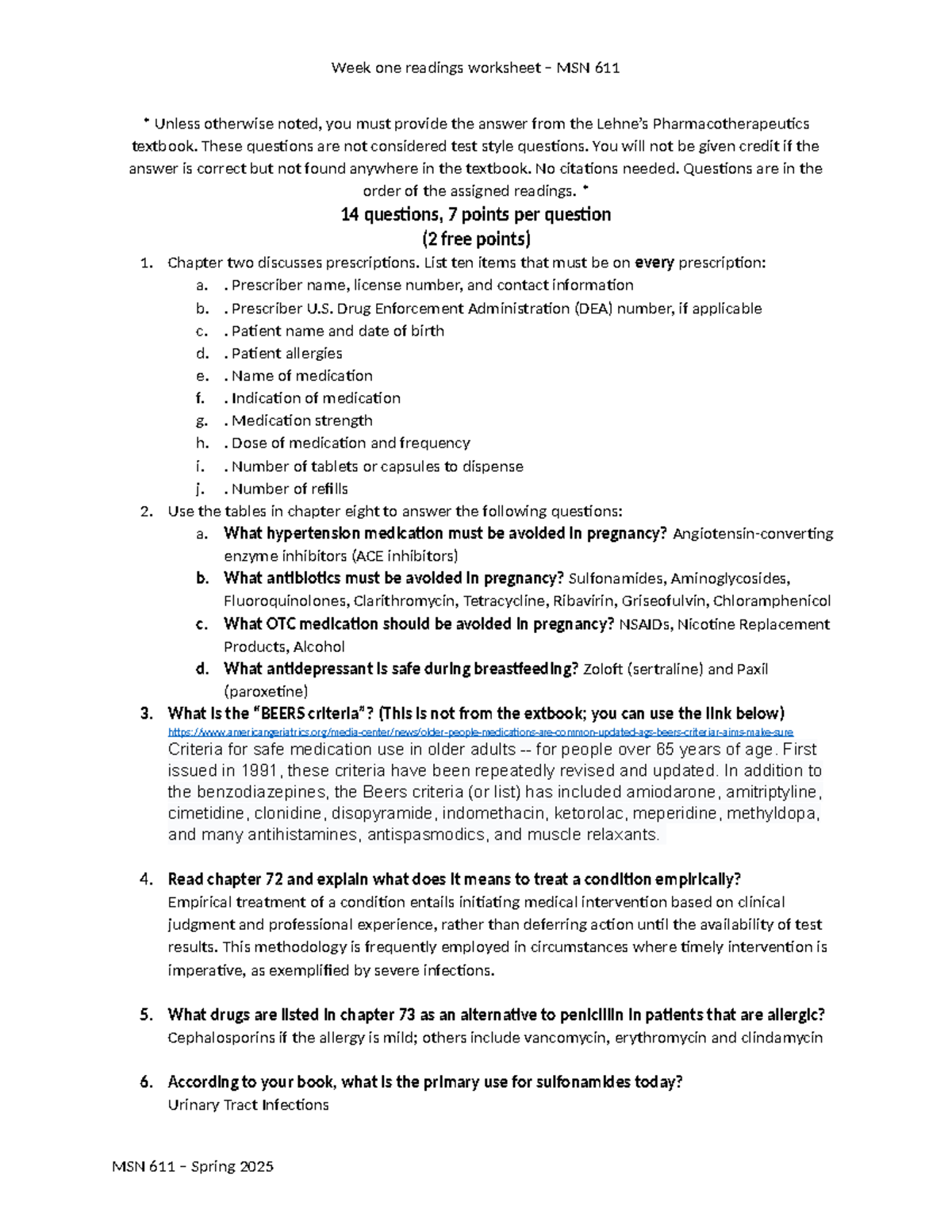 Week 1 Readings Worksheet for MSN 611 - Spring 2025 - Studocu