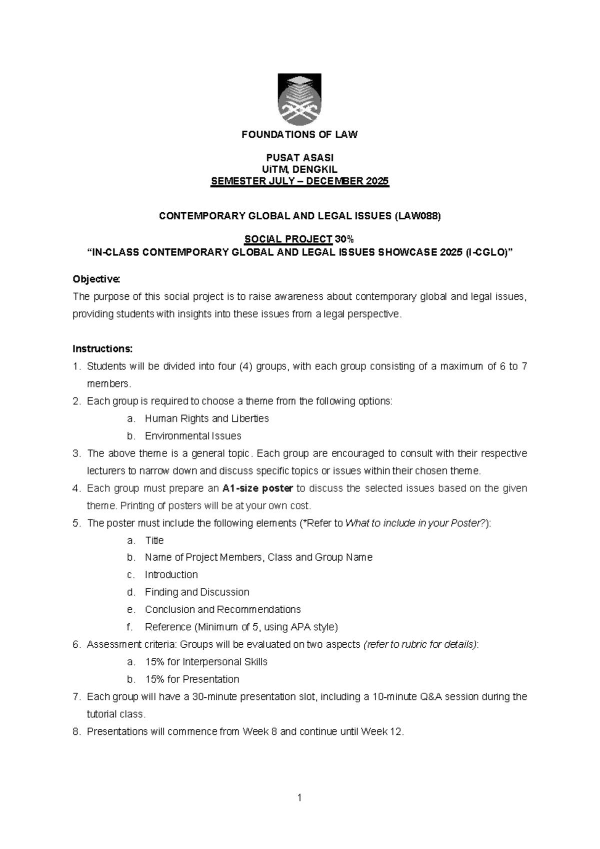 LAW088 Social Project: Contemporary Global & Legal Issues Guide - Studocu