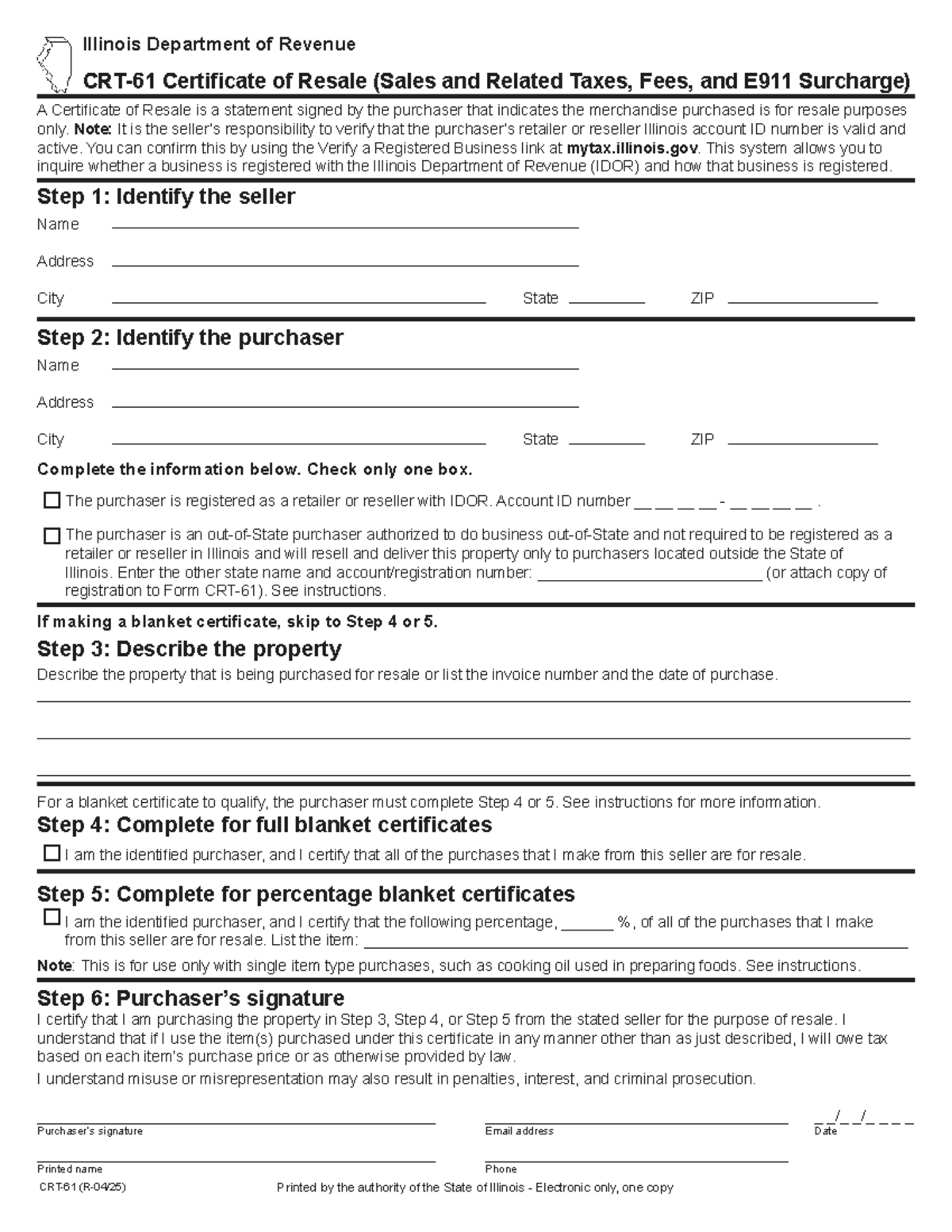 Illinois Resale Certificate Instructions (Crt-61) - Studocu