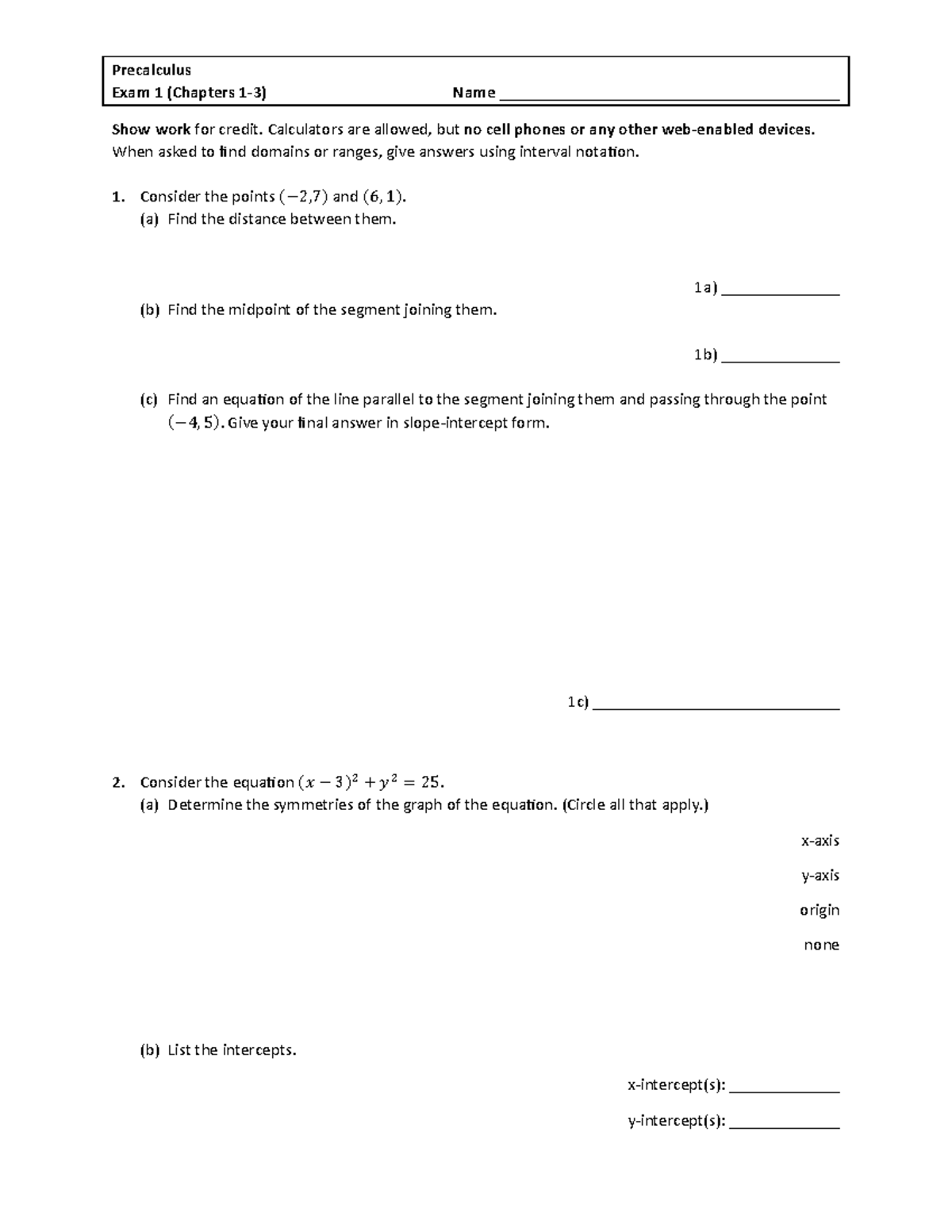Precalculus Exam 1 (Chapters 1-3) Practice Problems - Studocu