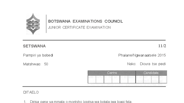 Setswana Junior Certificate Exam Paper 2 - 2015 - Studocu