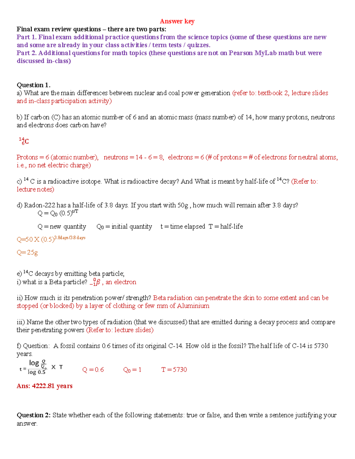 Final Exam Review Questions Answer Key for Science & Math (Fall 2025 ...
