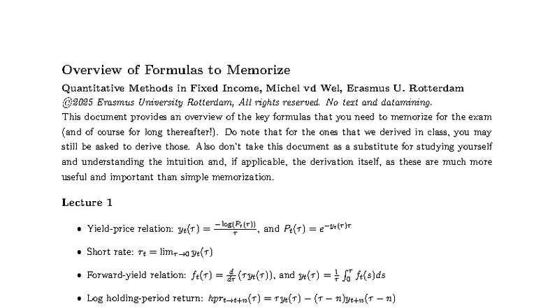 QMiFI Key Formulas for Quantitative Methods in Fixed Income - Studeersnel