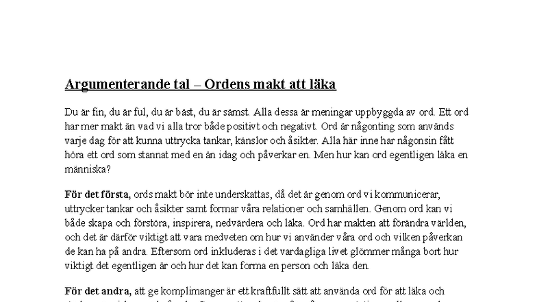 Argumenterande tal: Ordens makt att läka och påverka människor - Studocu