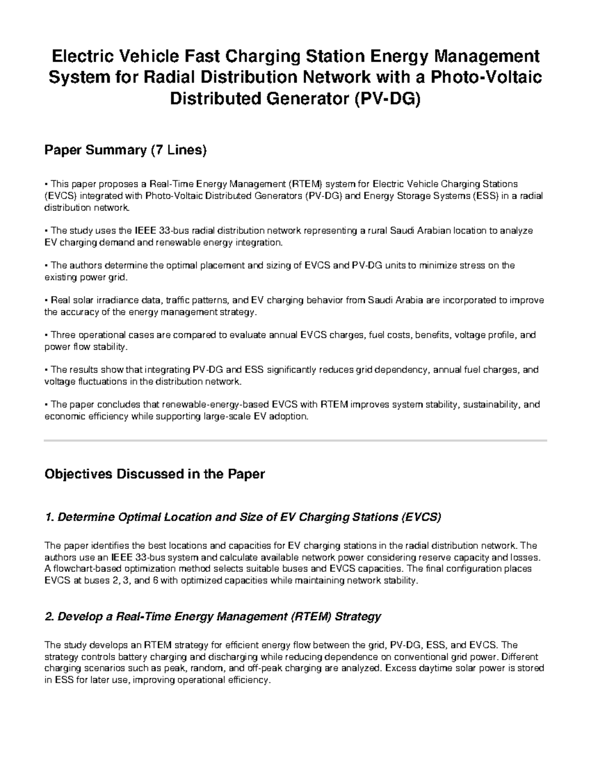 EVCS Energy Management System Summary & Objectives (Paper) - Studocu