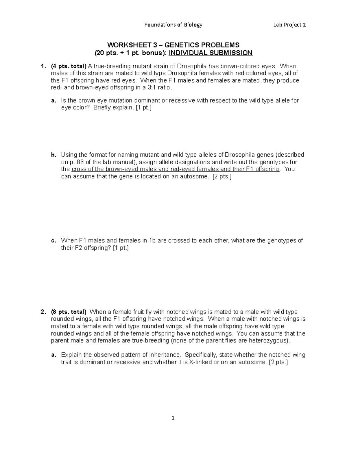 Foundations of Biology Lab Project 2 Worksheet 3 Genetics Problems ...