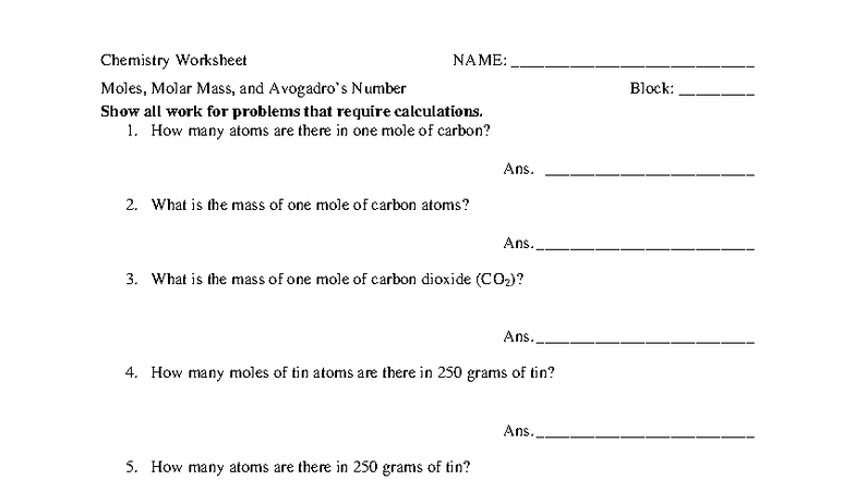 Chemistry WS: Moles & Molar Mass Calculations - Studocu