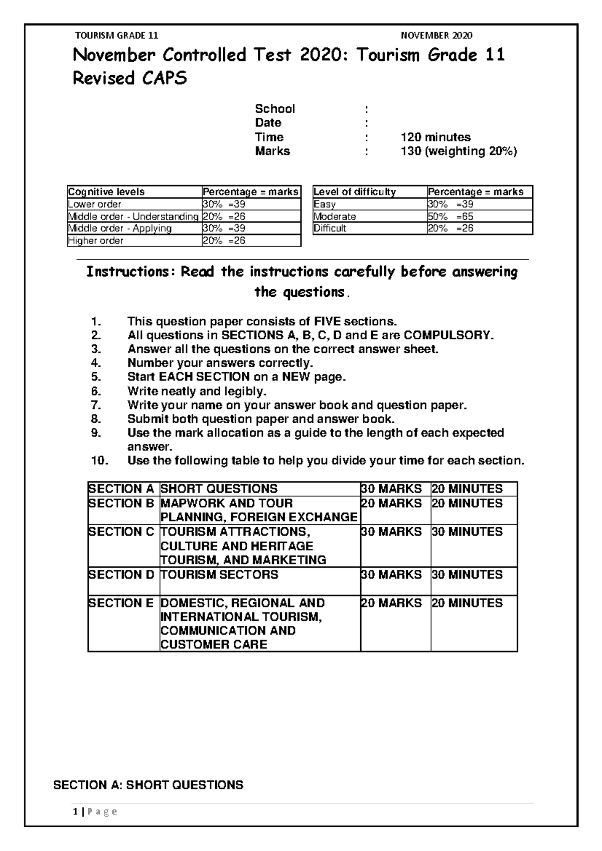 TOURISM GRADE 11 NOVEMBER 2020 CONTROLLED TEST QUESTIONS AND GUIDELINES ...