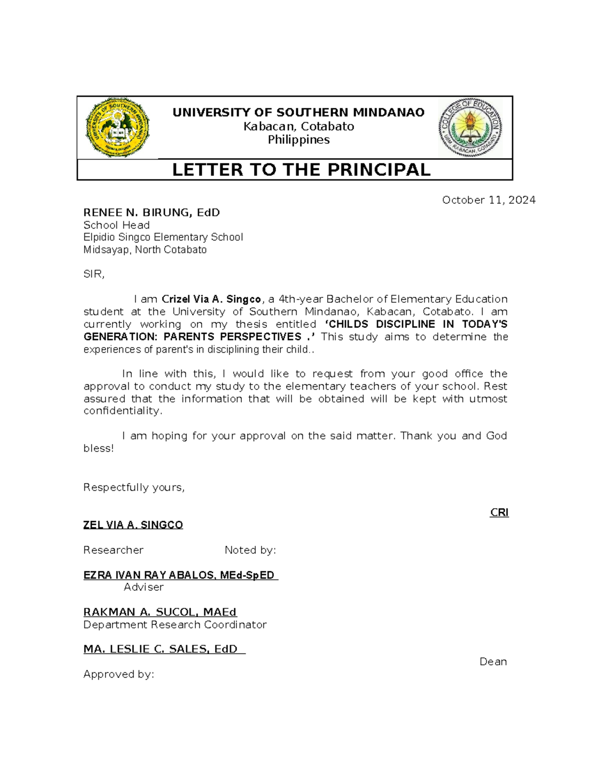 CJAY- Letter - Nothing - UNIVERSITY OF SOUTHERN MINDANAO Kabacan ...