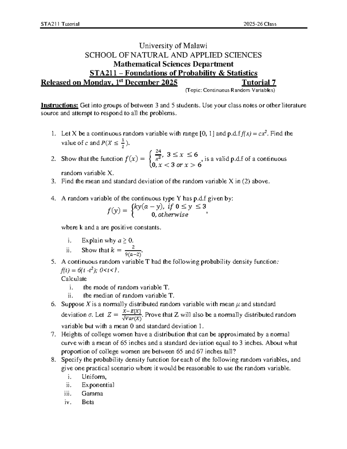 STA211 Tutorial 7: Foundations of Probability & Continuous Random Variables - Studocu