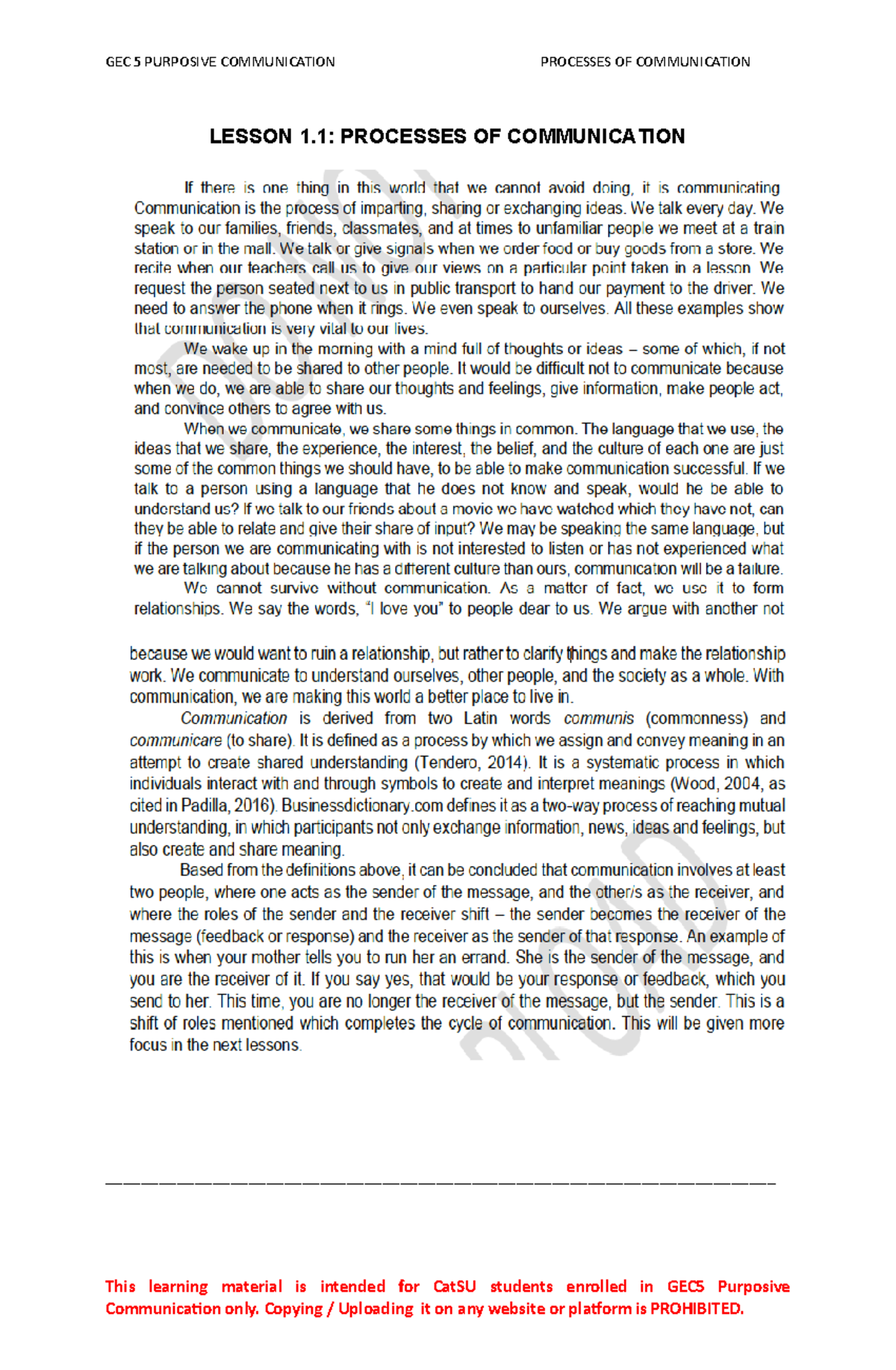 GEC 5 Purposive Communication Lesson 1.1: Communication Processes - Studocu