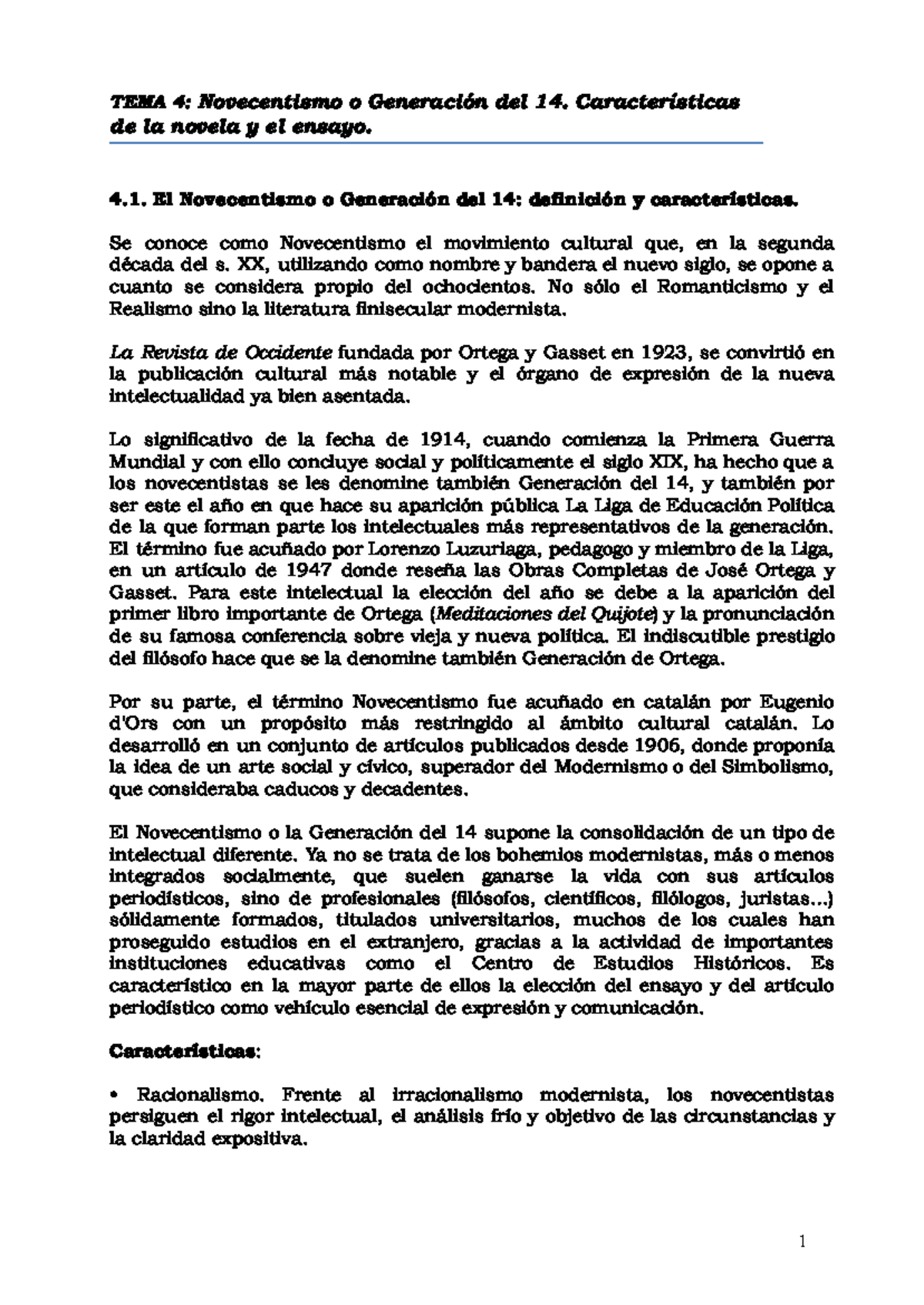 TEMA 4: Características del Novecentismo o Generación del 14 - Studocu