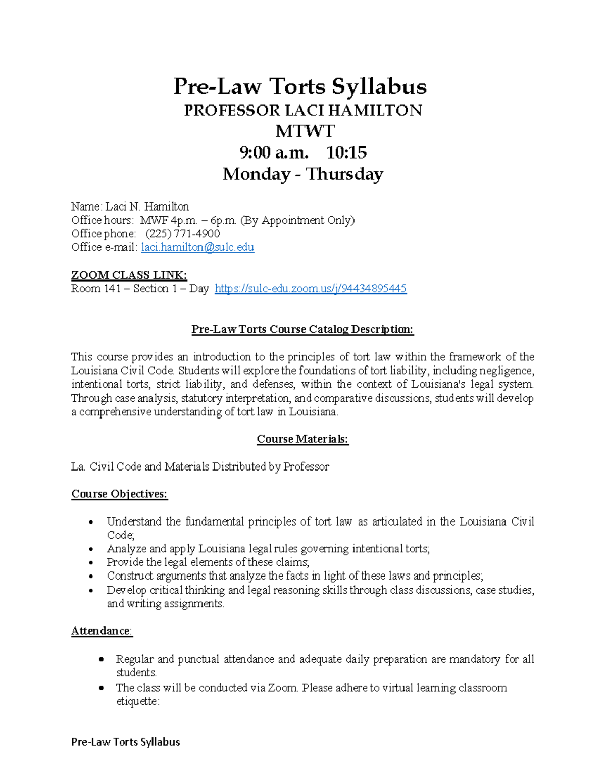Pre-Law Torts Syllabus (LAWS 101) - Spring 2023 Course Overview - Studocu