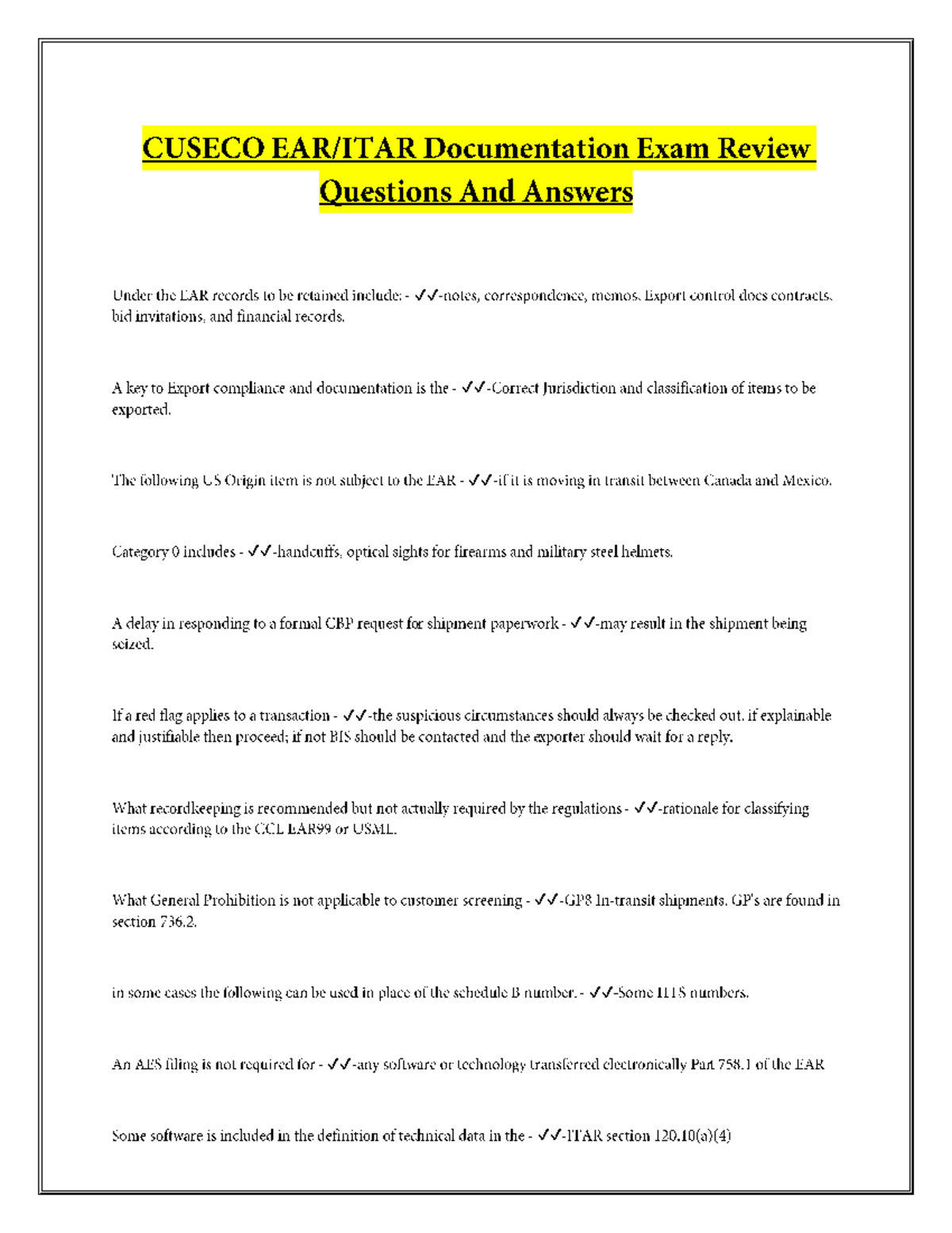 Cuseco EAR-ITAR Documentation Exam Review Q&A - Studocu