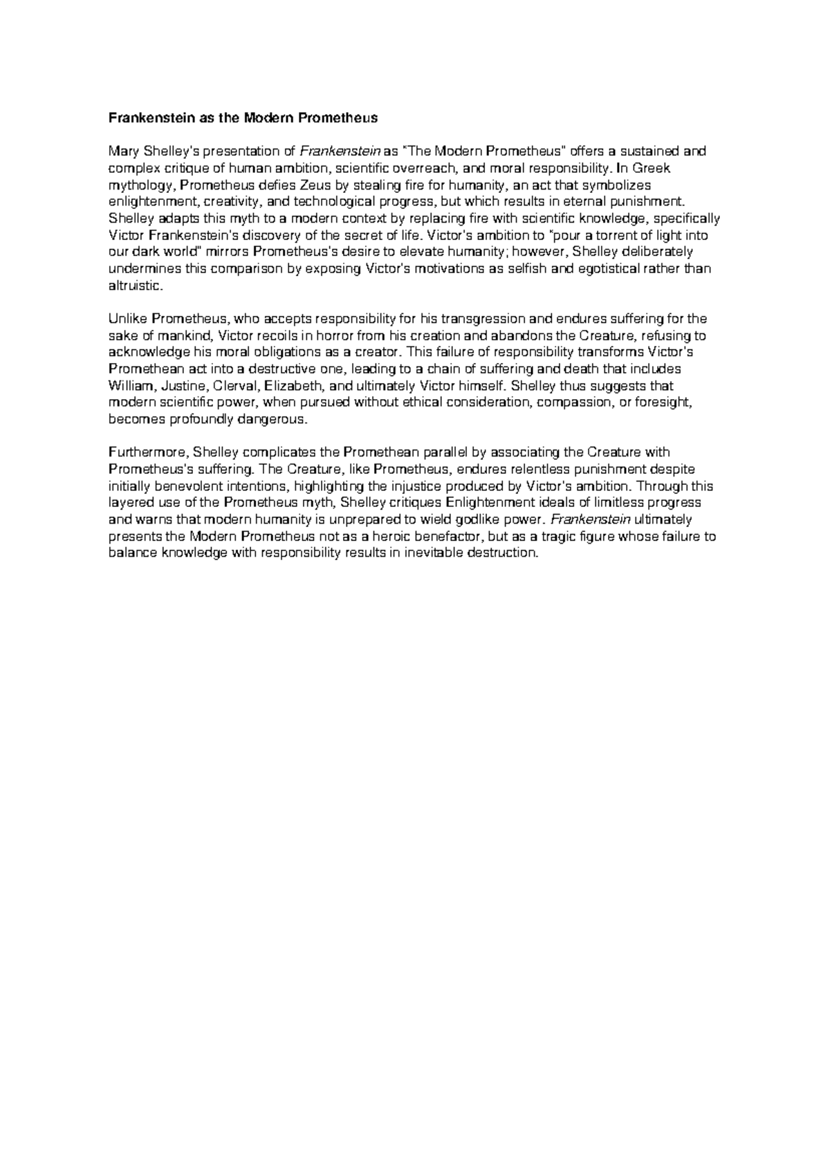 Frankenstein (ENG 101): The Modern Prometheus Explored - Studocu