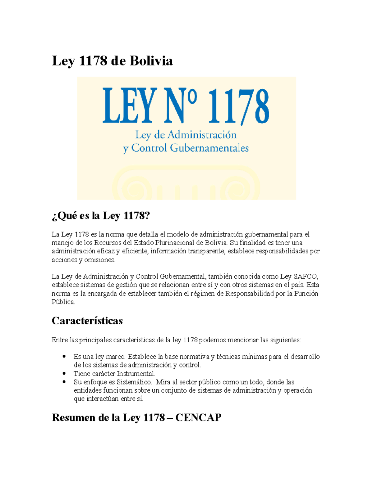 Resumen y Respuestas sobre la Ley 1178 (CENCAP) - Exámenes y Más - Studocu