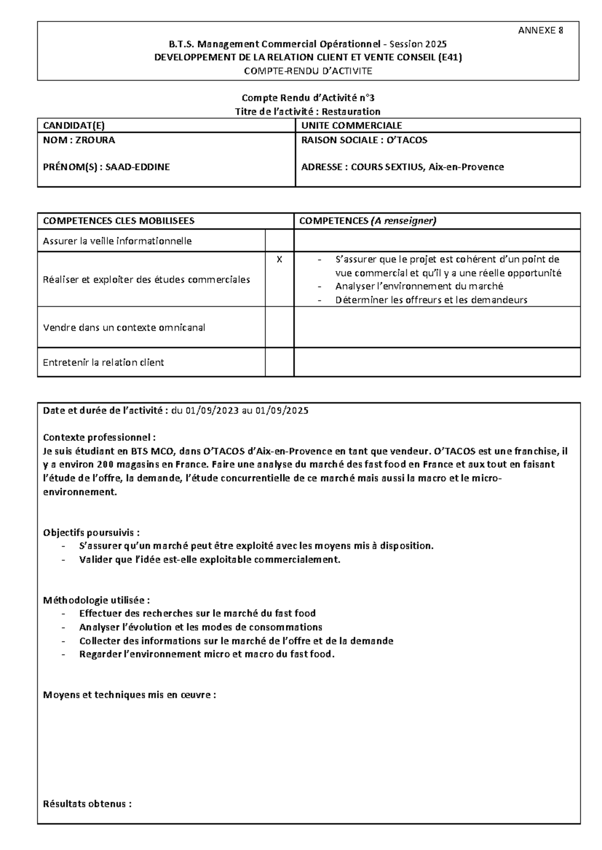 BTS MCO E41 Compte Rendu d'Activité: Analyse du Marché Fast Food 2025 - Studocu