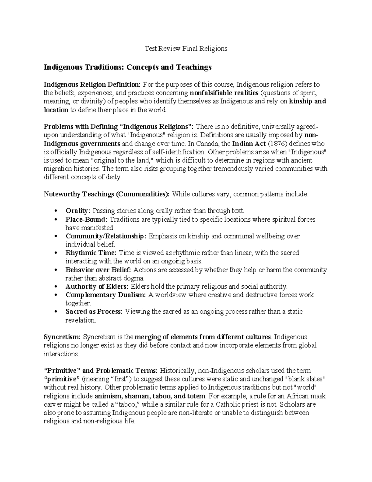 Test Review Final: Indigenous Religions and Teachings Concepts - Studocu