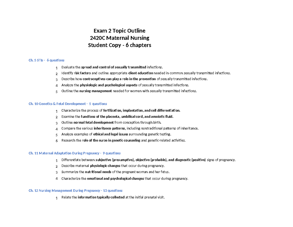 Exam 2 Topic Outline 2420C Maternal Nursing Fall '25 - Studocu