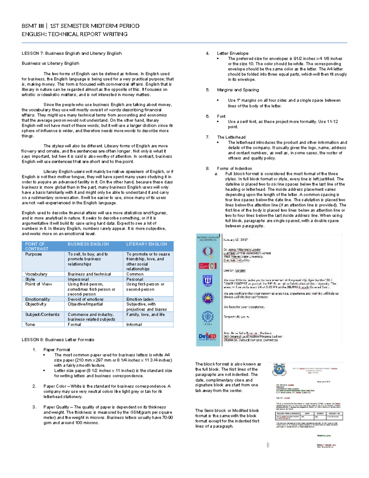 BSMT 1ST SEMESTER MIDTERM REVIEWER: TECHNICAL REPORT WRITING LESSONS 7 ...