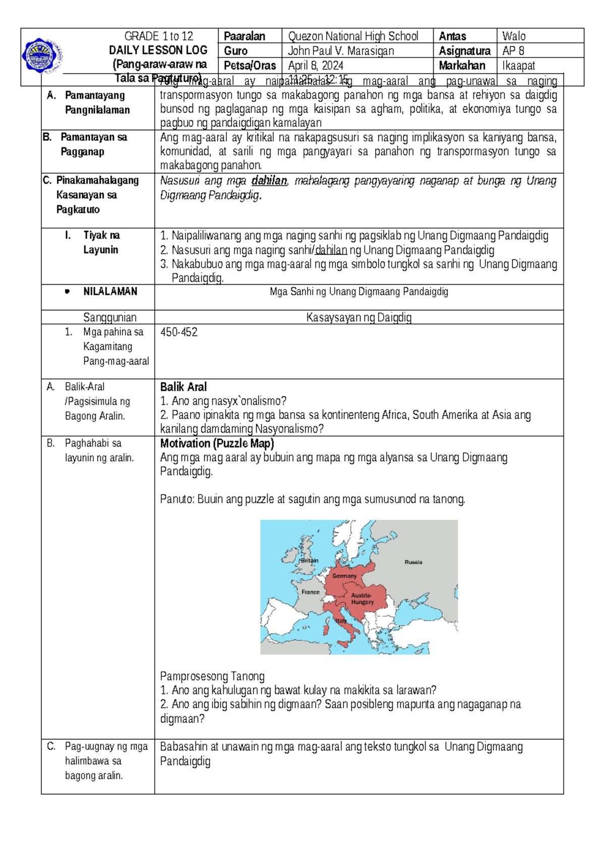 AP 8 Unang Digmaang Pandaigdig: Mga Sanhi at Pagsusuri (Final) - Studocu