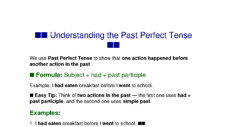 Past Perfect Tense Overview: Key Concepts & Examples - Studocu