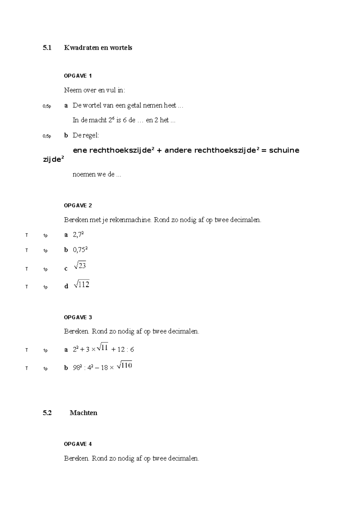 H5 - Toets over Kwadraten, Wortels, en Pythagoras - Studeersnel