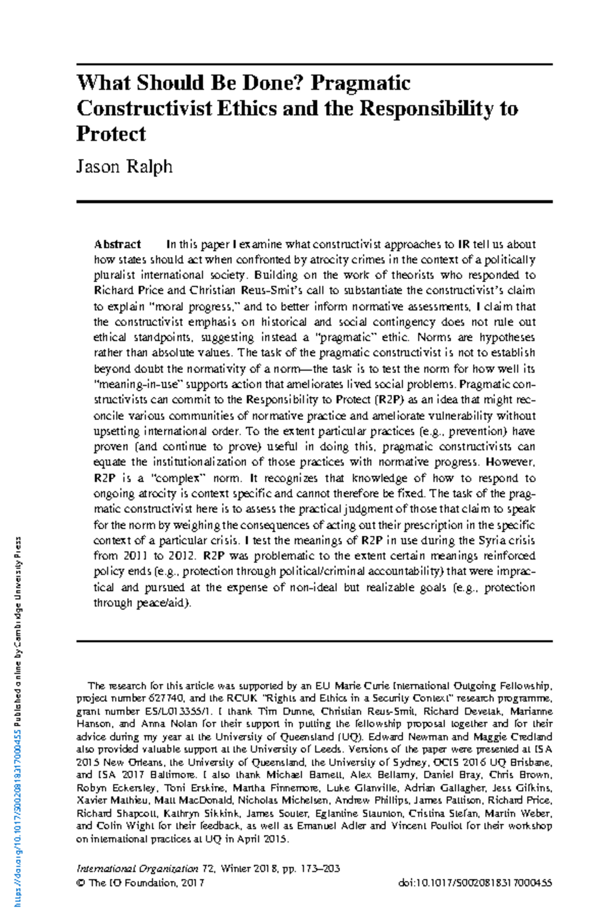 Pragmatic Constructivist Ethics and R2P: A Critical Analysis - Studocu