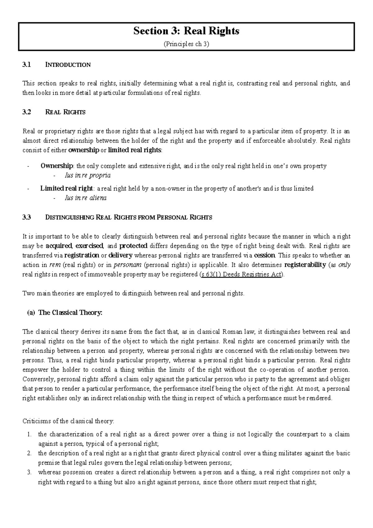 Section 3 - Real Rights Overview: Properties & Legal Distinctions - Studocu