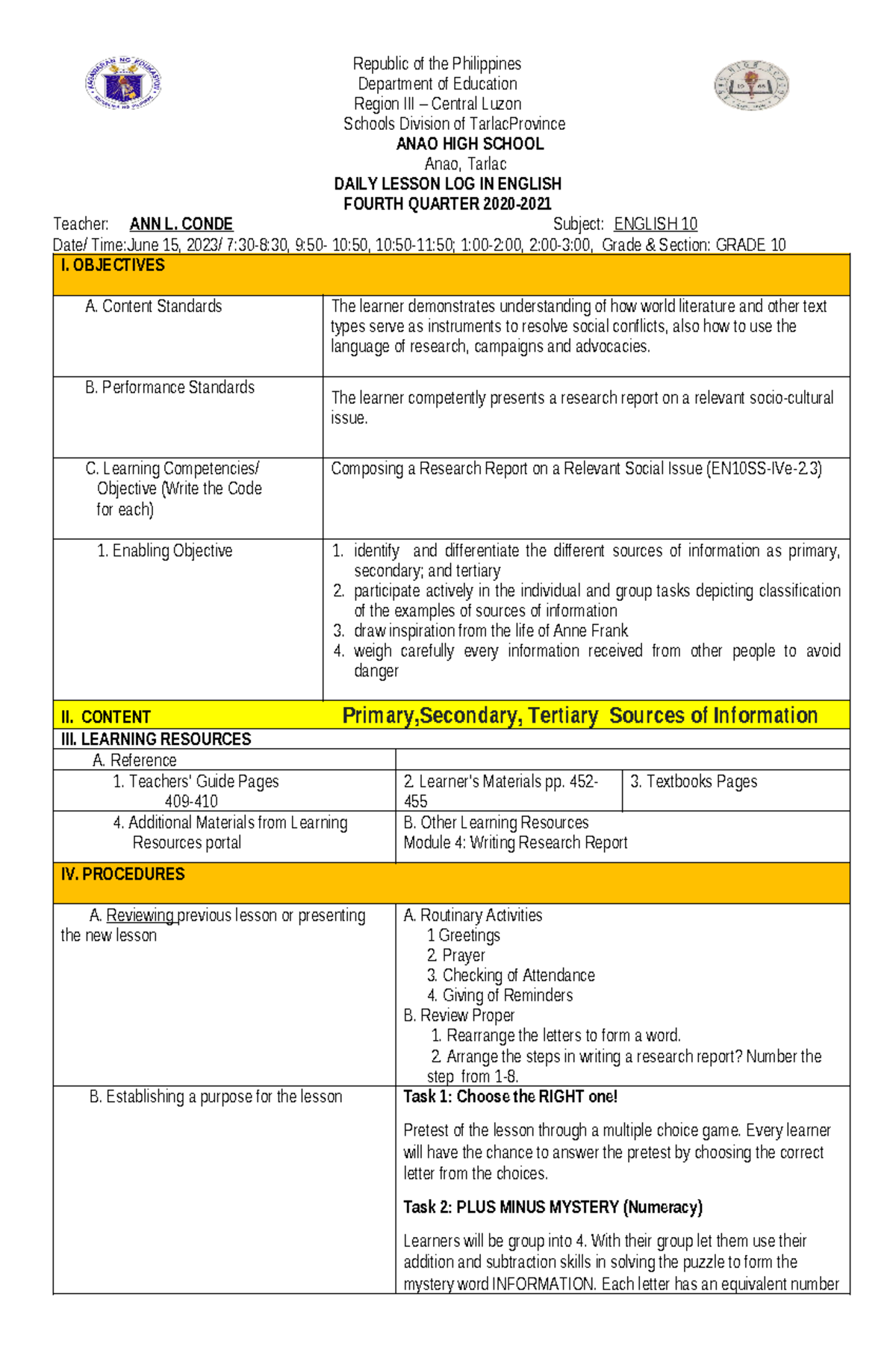 June 15, 2023 - Primary and Secondary Sources of Information - Republic ...