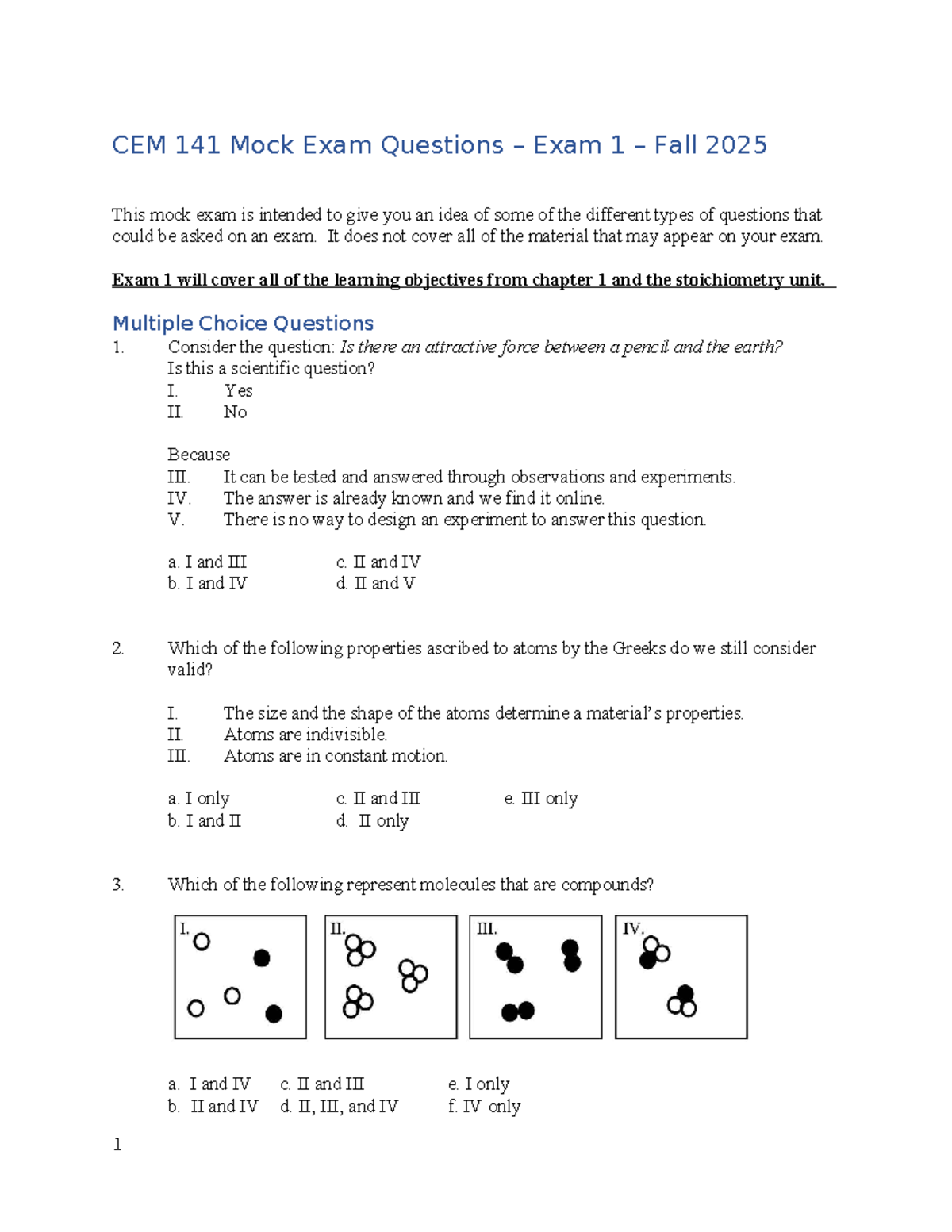 CEM 141 Mock Exam 1 Questions - Fall 2025 Review - Studocu