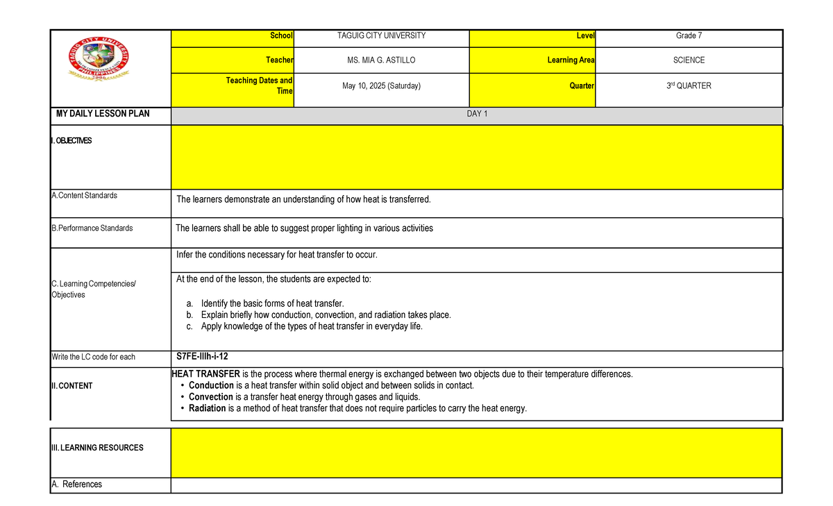 DLP: Grade 7 Science Lesson Plan on Heat Transfer (3rd Quarter) - Studocu