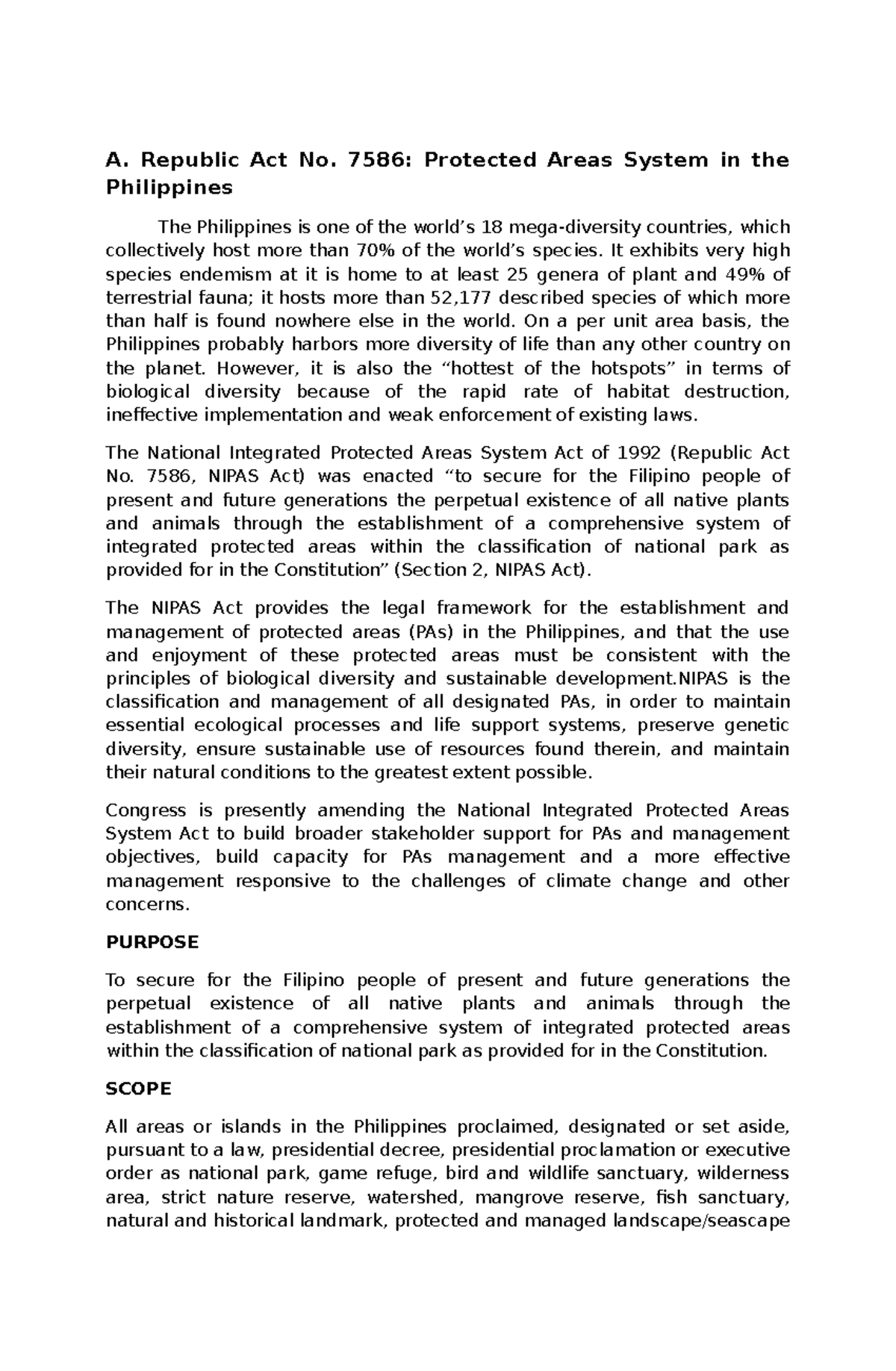 Tourism- Policy - A. Republic Act No. 7586: Protected Areas System in ...