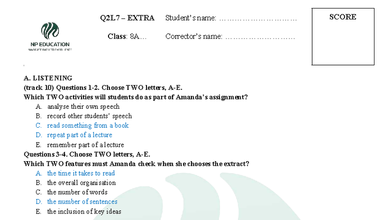 8A Q2 L7 Extra - Listening and Vocabulary Practice - Studocu