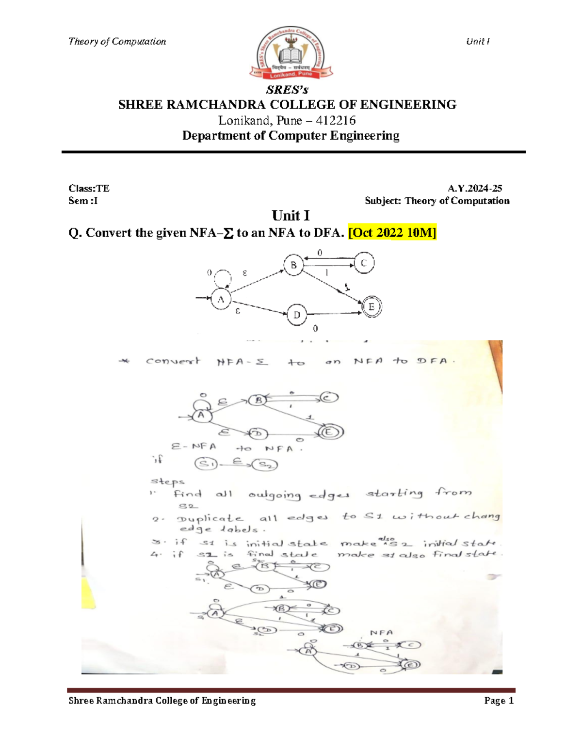 TOC UNIT I: NFA to DFA & Mealy/Moore Machine Comparisons - Studocu