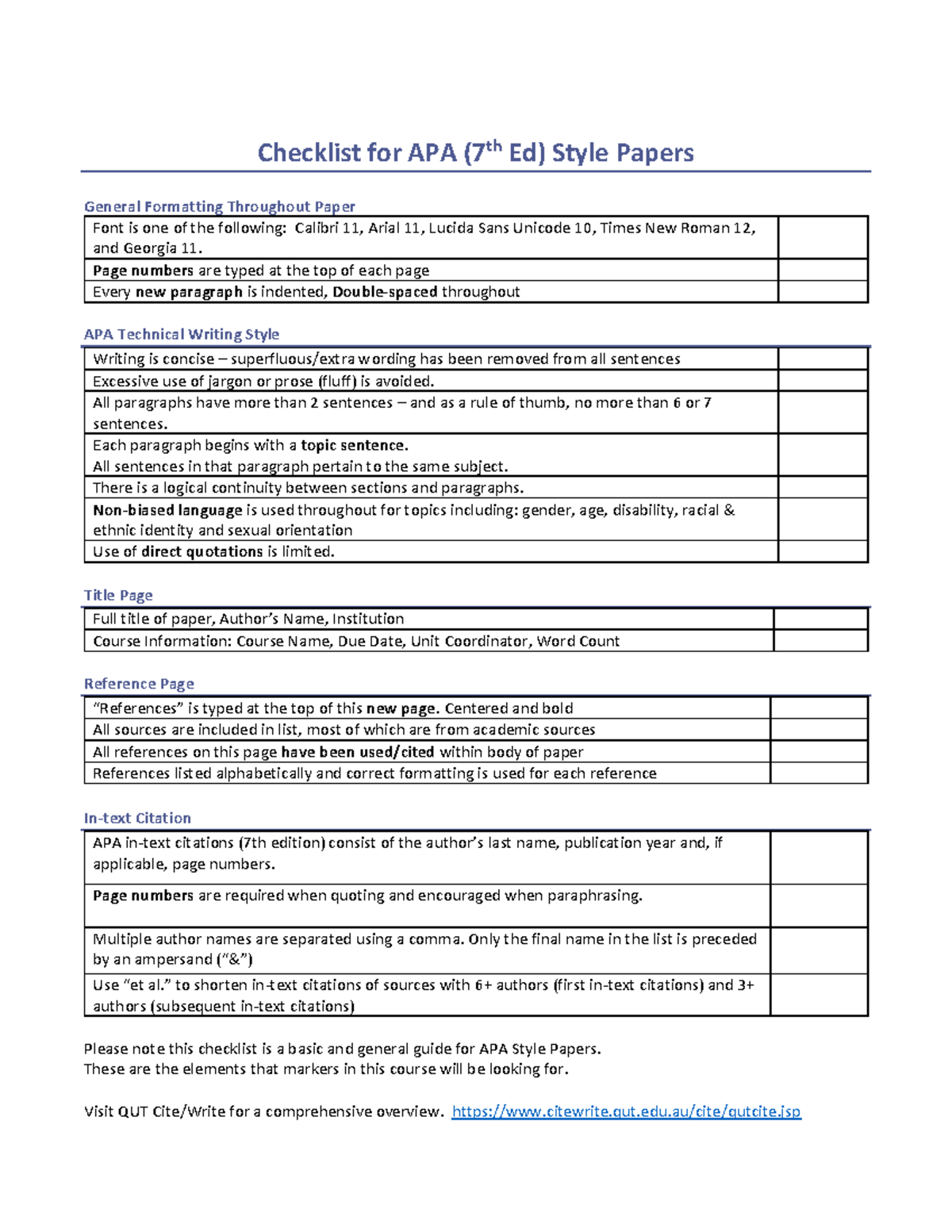 APA Style Checklist (1) - Checklist for APA ( th Ed) Style Papers ...