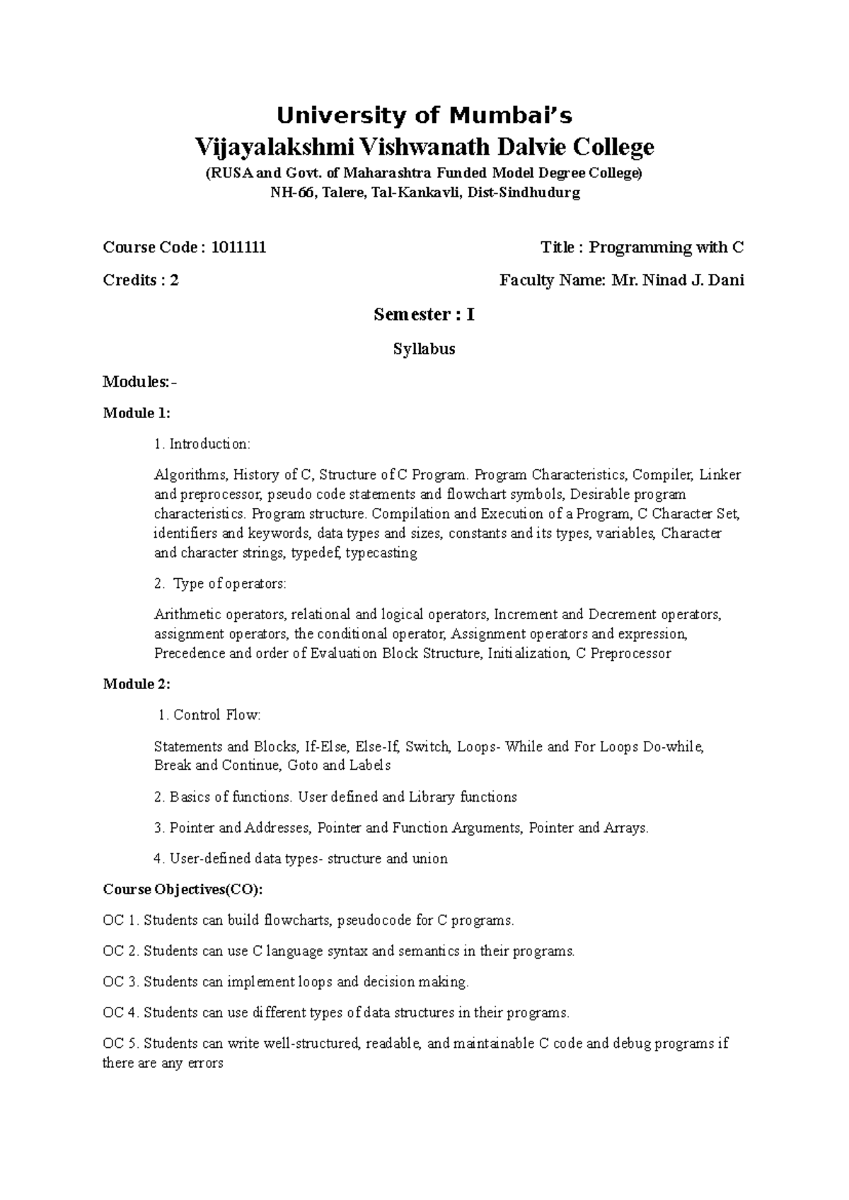 FYIT I Semester Programming with C Course File - Studocu