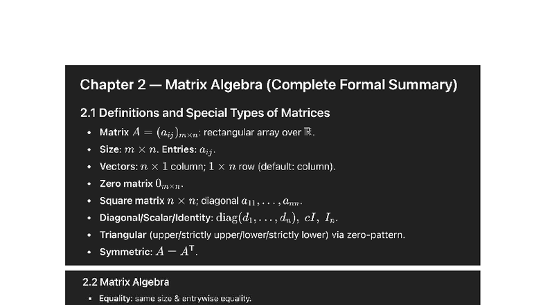 Chapter 2 Matrix Algebra: Comprehensive Summary and Key Theorems - Studocu