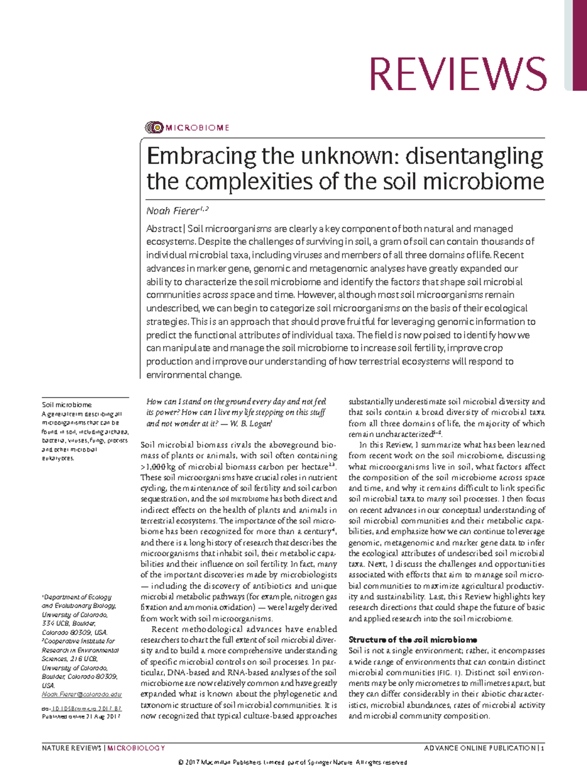 NATURE REVIEWS MICROBIOLOGY: Embracing the Unknown in Soil Microbiome ...