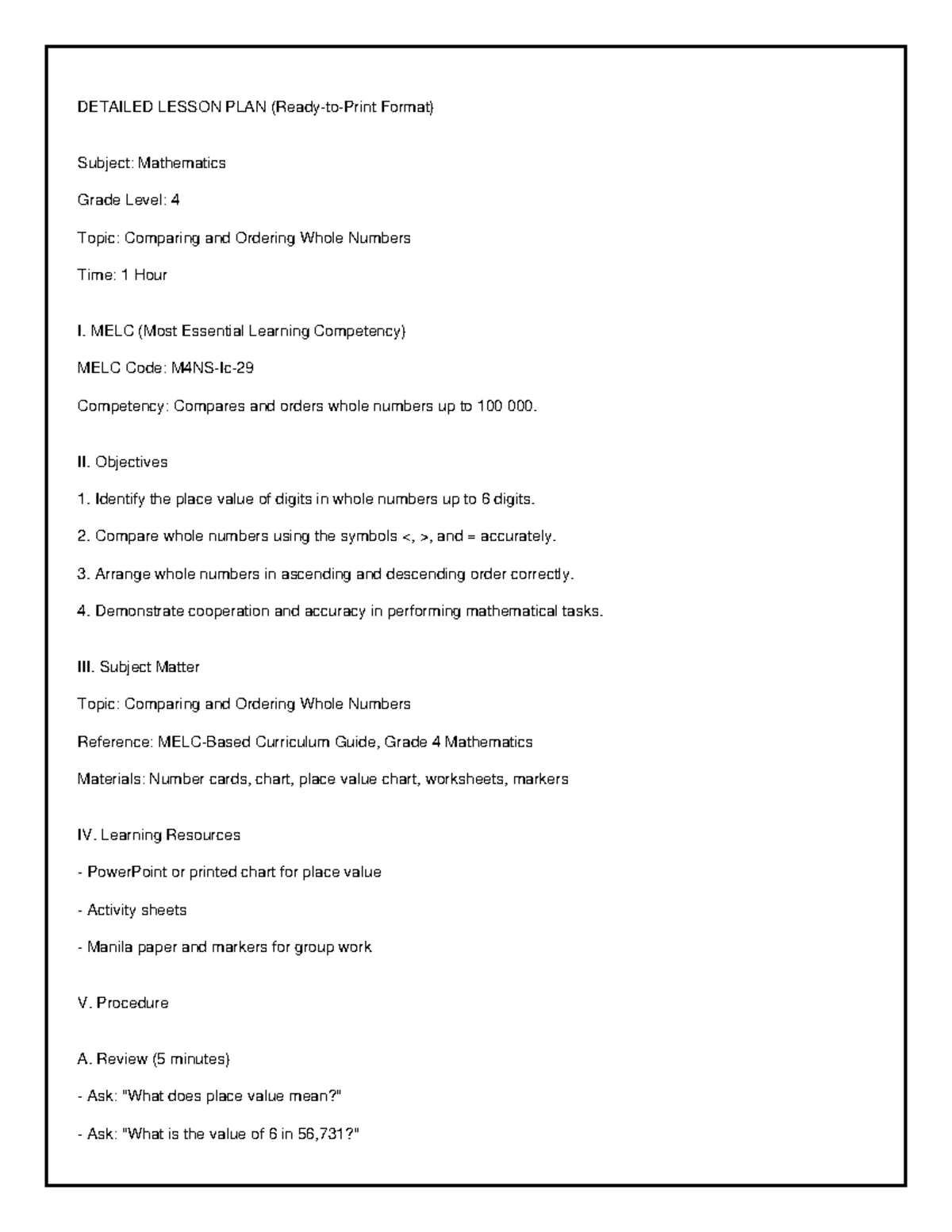 DLP: Lesson Plan on Comparing & Ordering Whole Numbers (Math 4) - Studocu